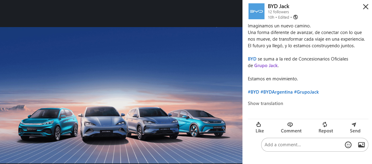 El Grupo Jack tendrá cuatro concesionarios BYD en Argentina