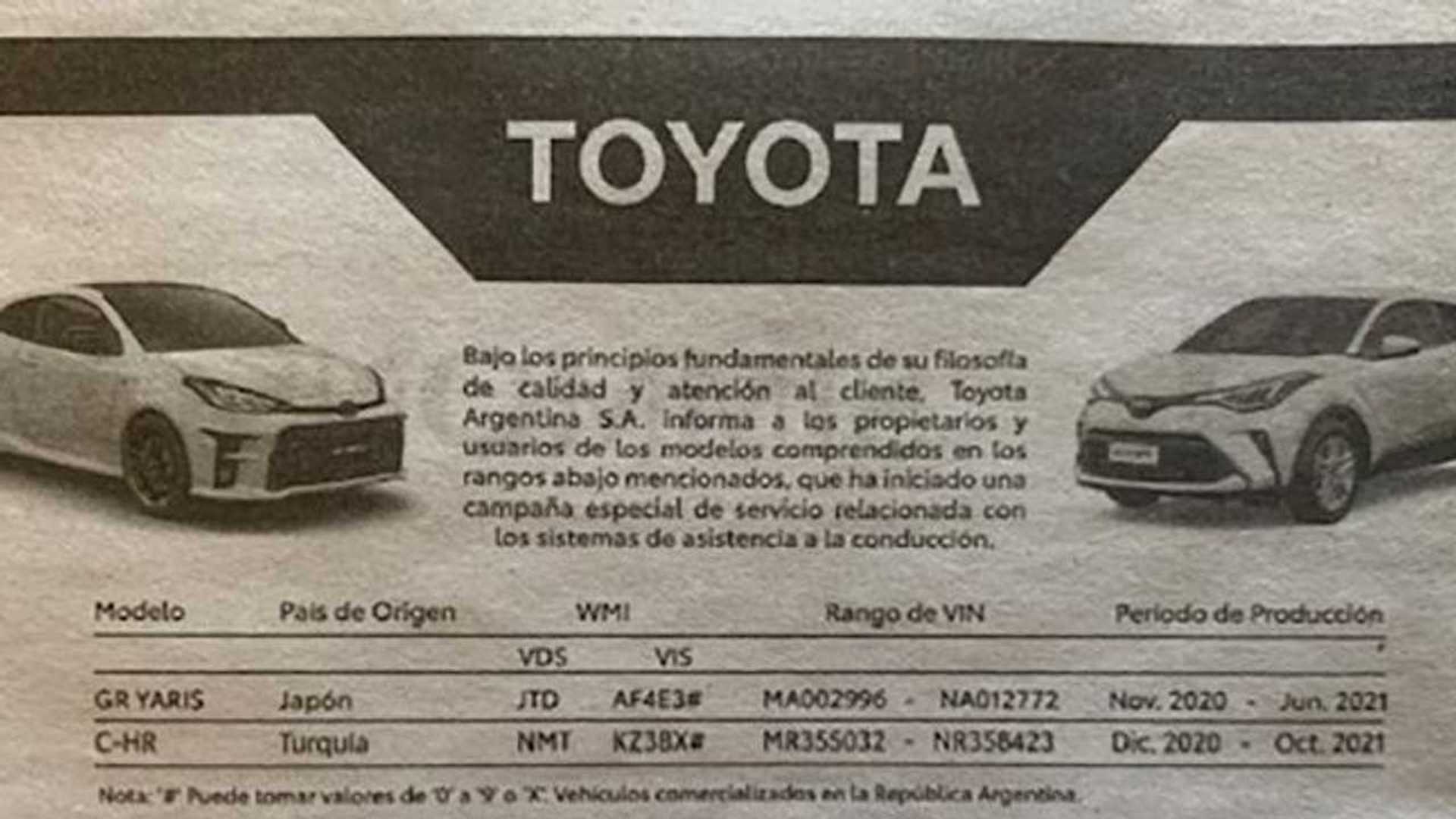 Recall para los Toyota GR Yaris y C-HR en Argentina