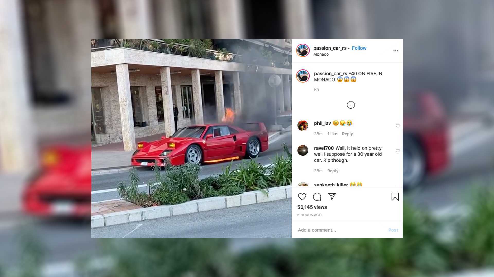 Ferrari F40 Catches Fire On Streets Of Monaco