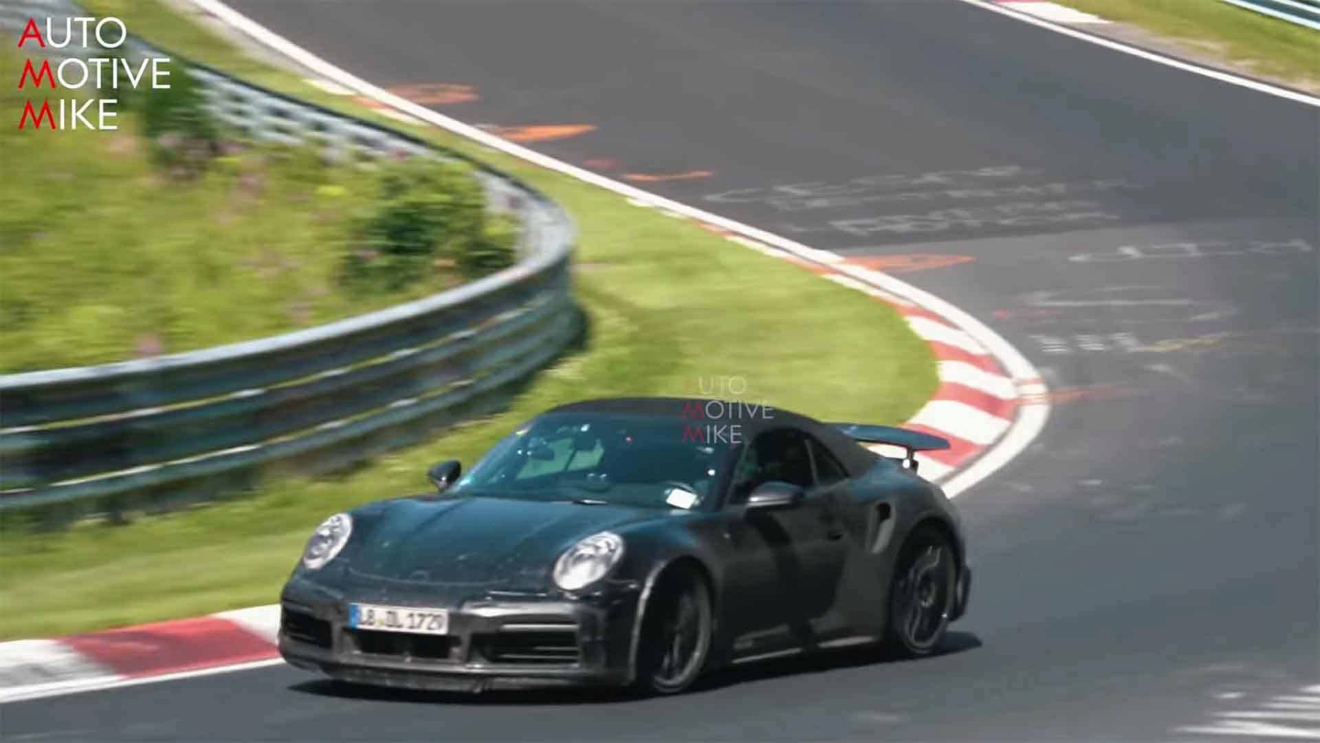 Porsche 911 Turbo Cabriolet spied waving its big wing at the 'Ring