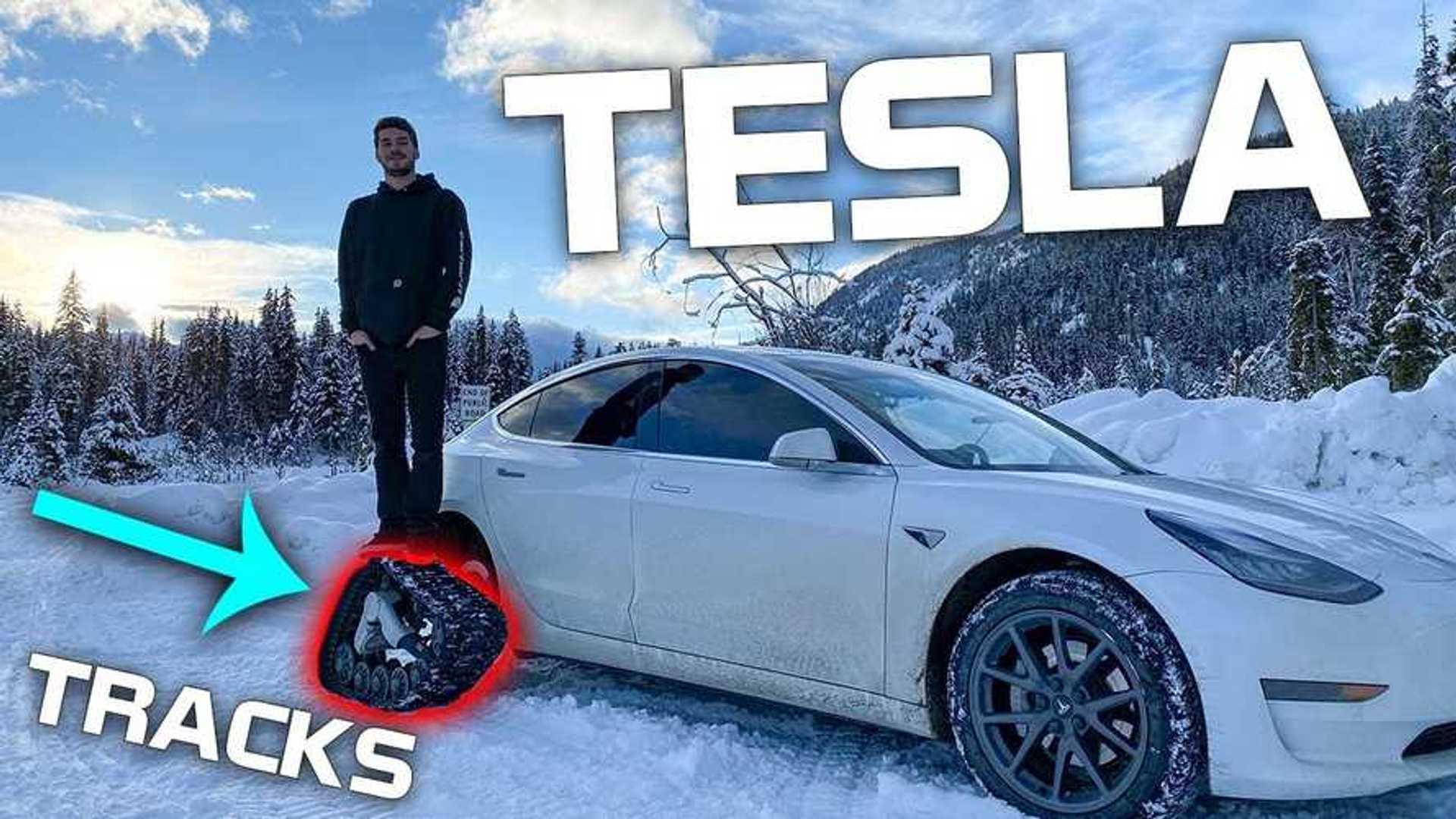 This Tesla Model 3 is part snowmobile, part car, full-on weird