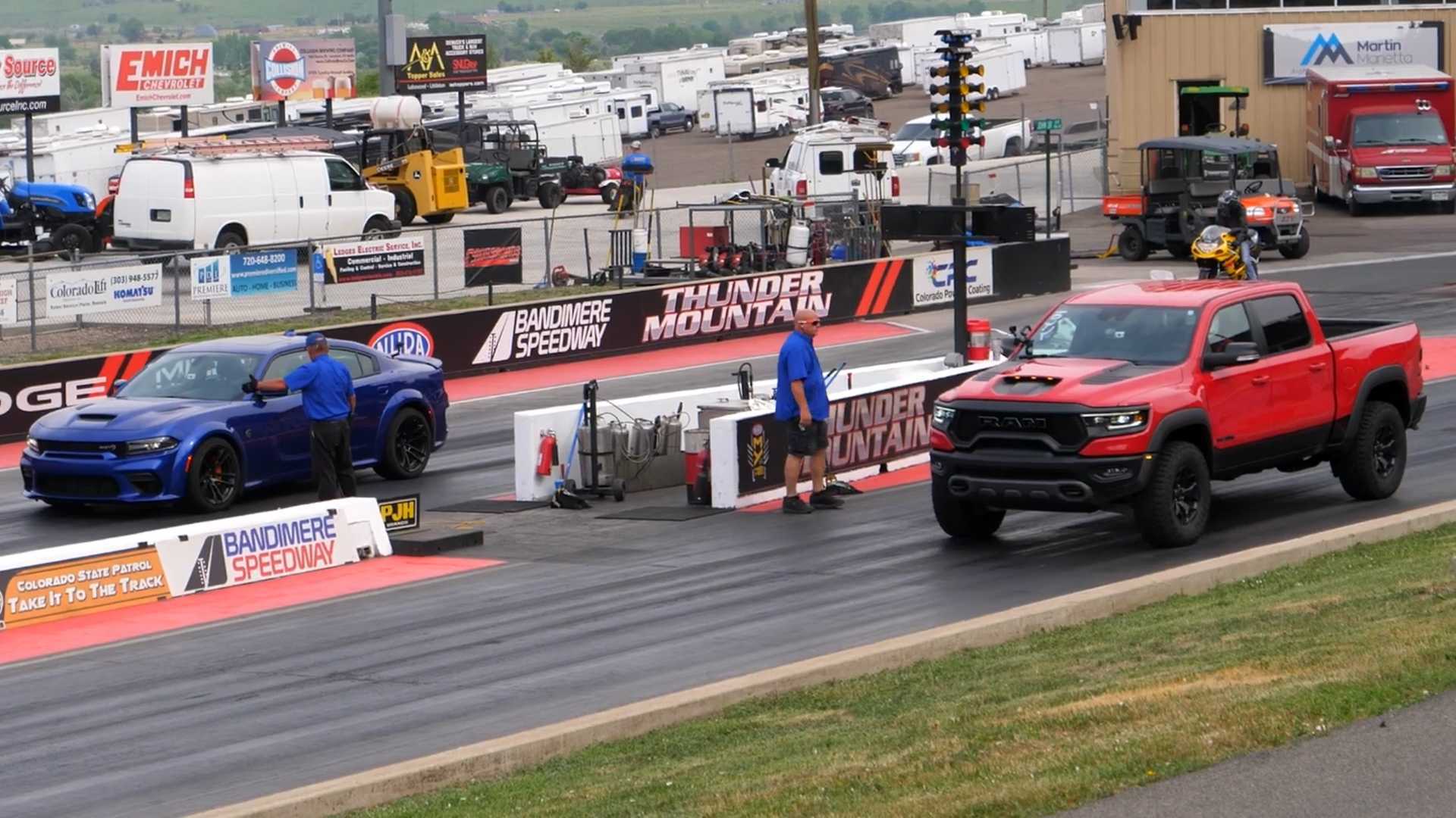 Ram 1500 TRX Meets Dodge Charger Hellcat Redeye At Drag Strip