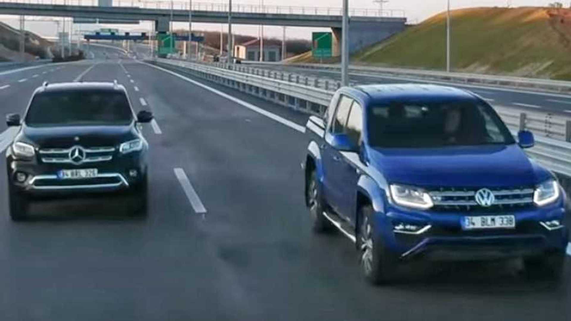 VW Amarok versus Mercedes X-Class midsize pickup drag race