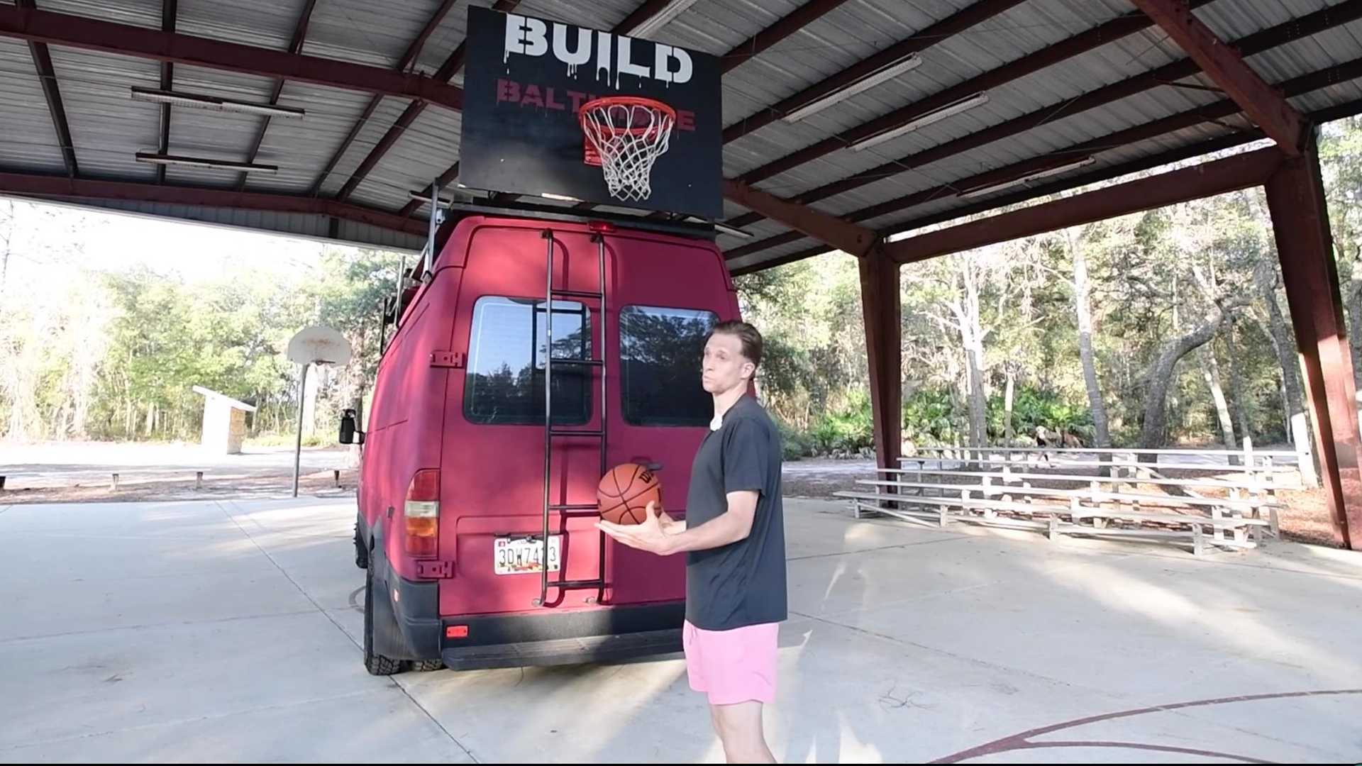 Home Built Sprinter Camper Van Has A Regulation Height Basketball Hoop