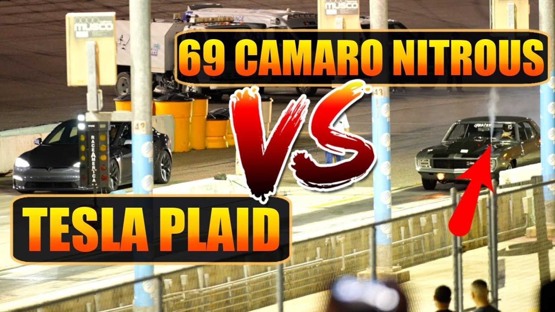 Watch Tesla Model S Plaid Crazy Acceleration Vs 69 Nitrous Camaro