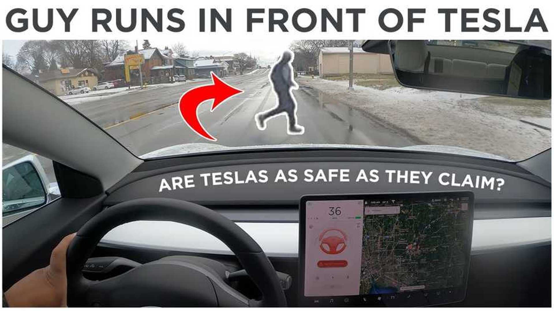 Watch This Tesla Automatically React To Guy Running In Front Of Car