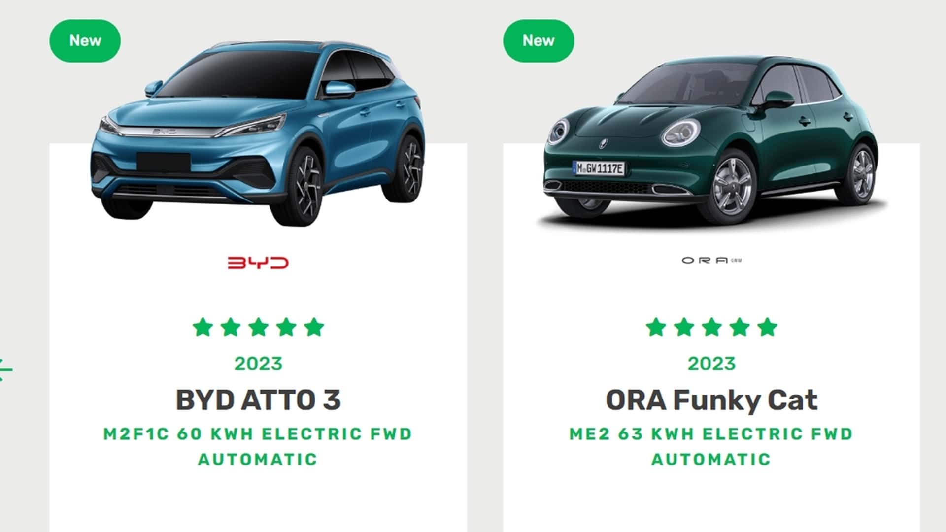 GWM Ora 03 e BYD Yuan Plus brilham com nota máxima no Green NCAP
