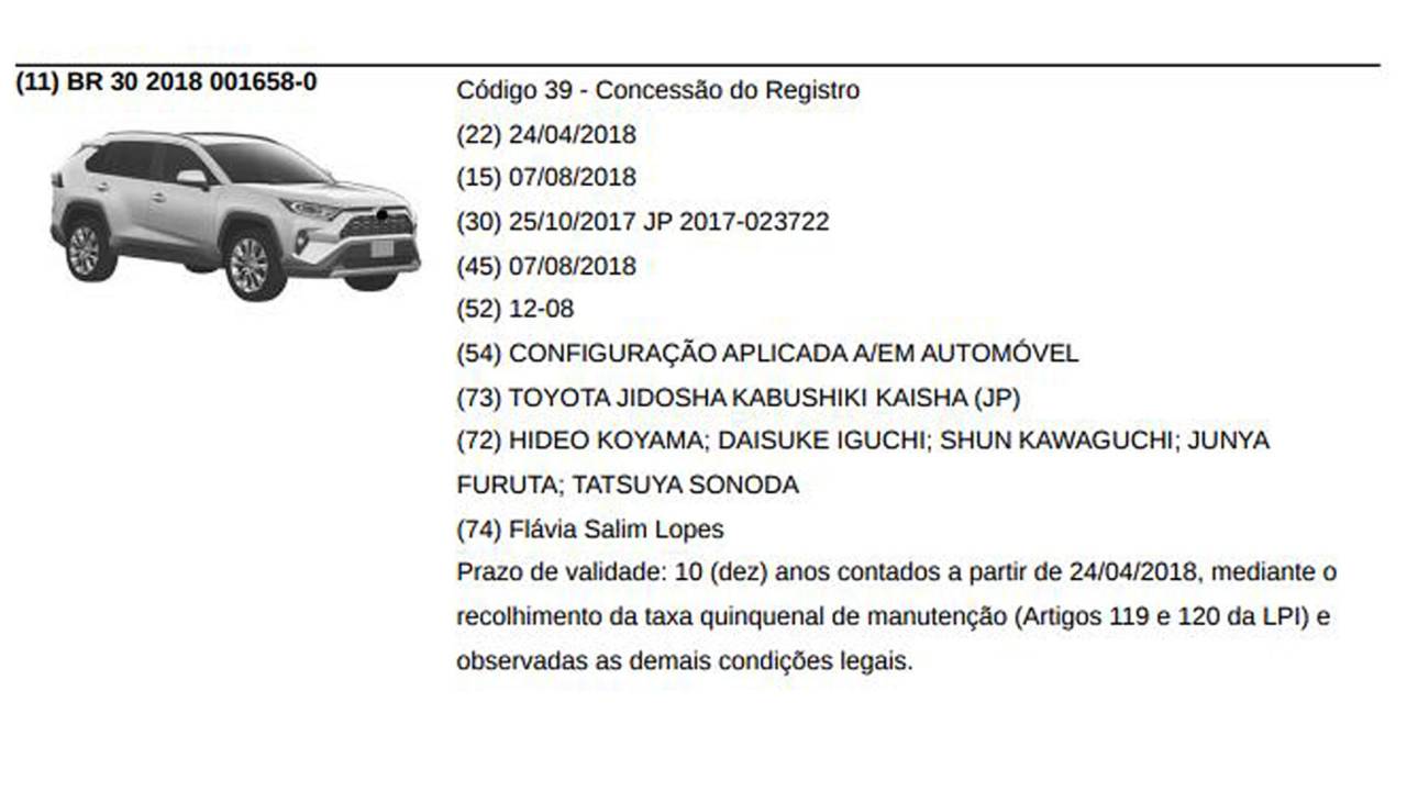 Novo Toyota RAV4 2019 aparece em registro de patente no Brasil
