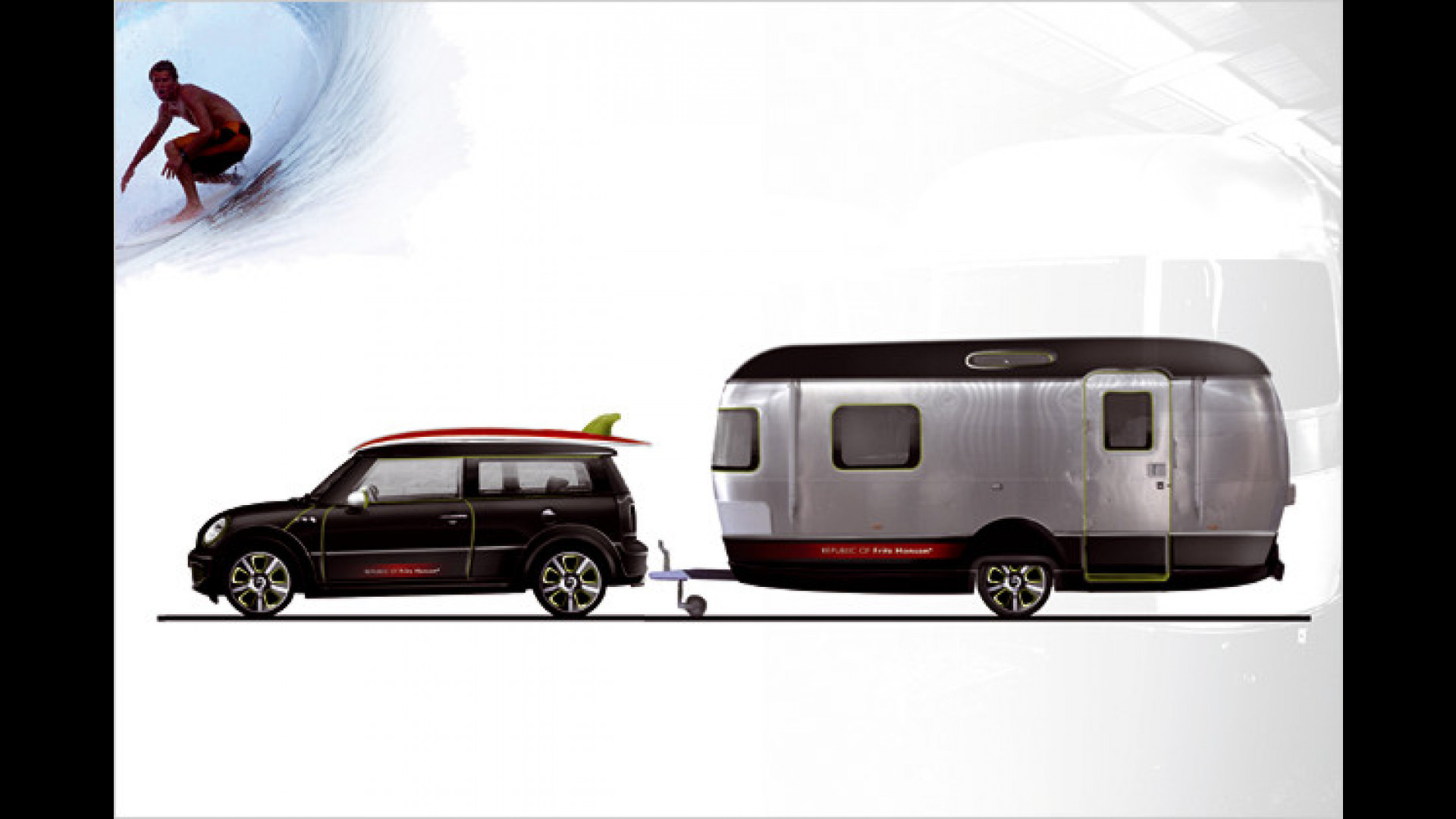 Mini Clubman und edler Wohnwagen im schicken Surflook