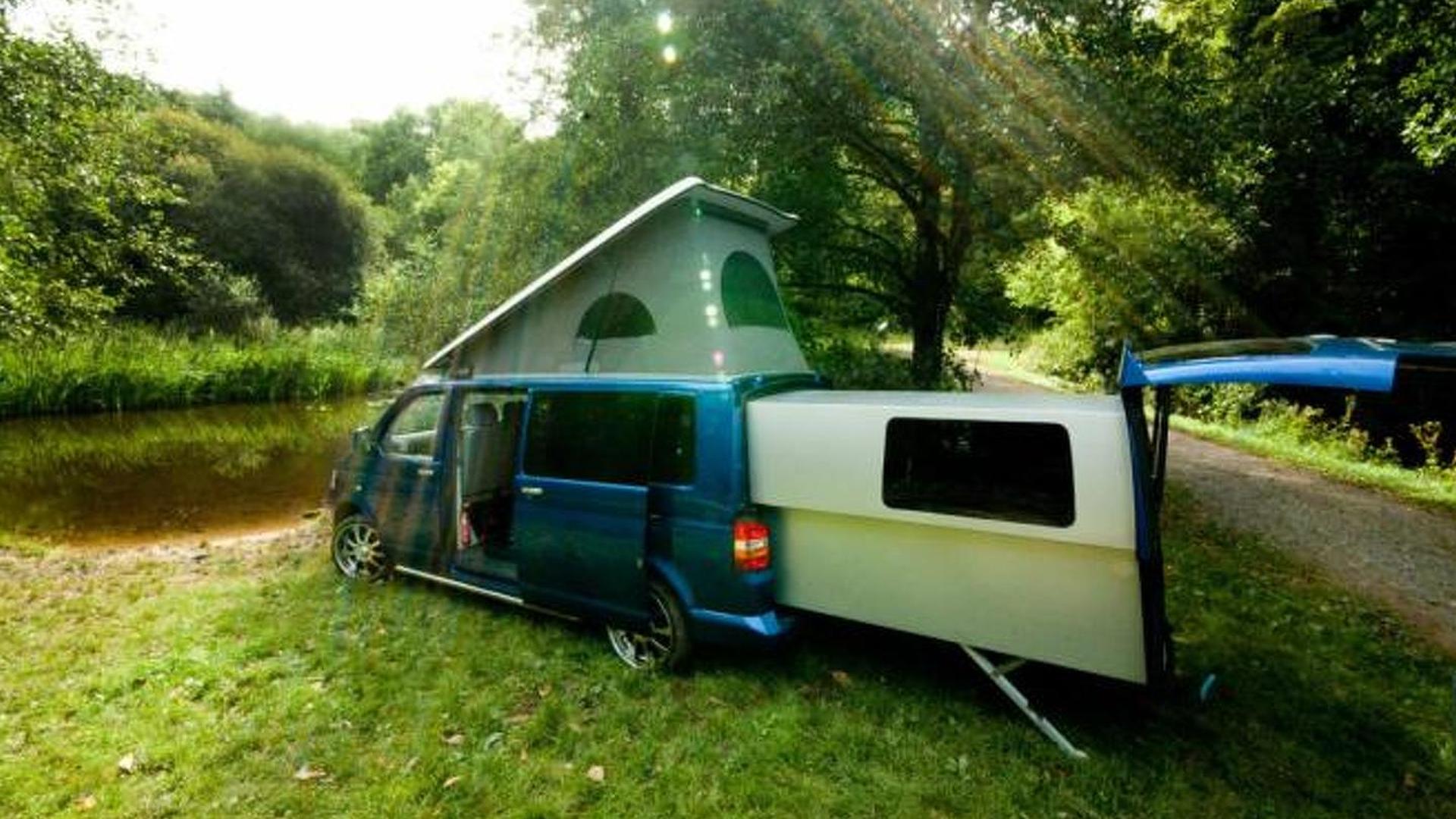 VW Transporter campervan with electrically extendable rear pod launches ...