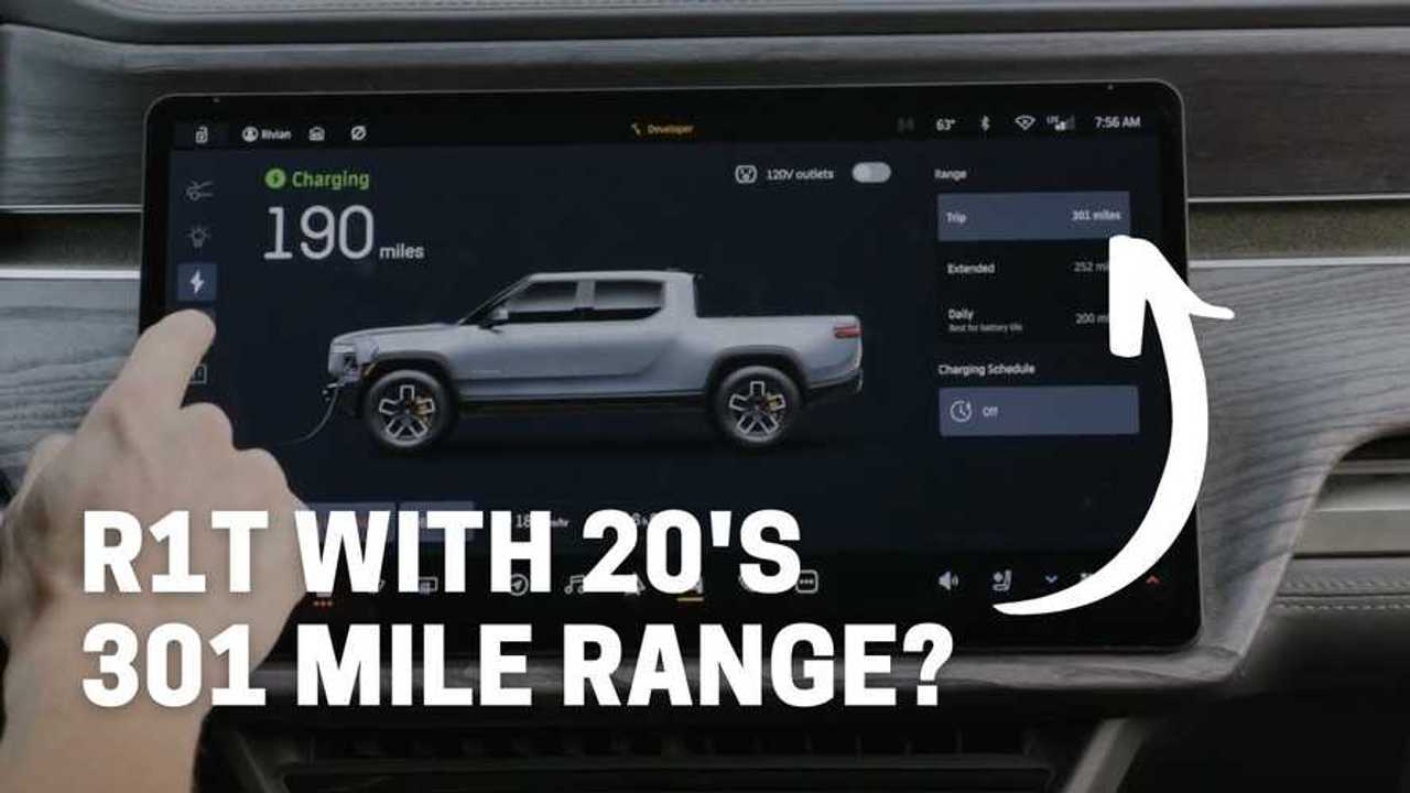 Rivian R1T Screen Menu Shows 301-Mile Range On 20" All-Terrains