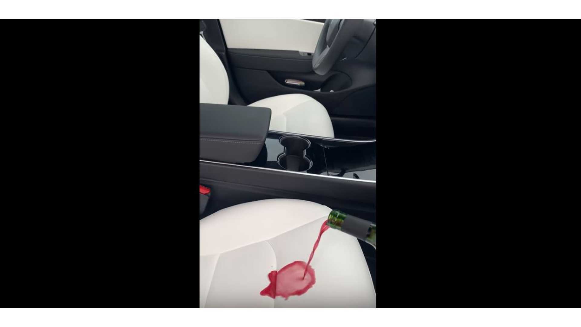 Red Wine Versus Tesla Model 3 White Seats: Video